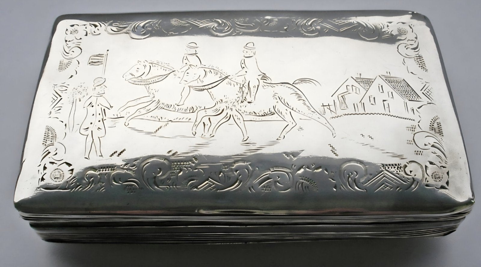≥ Antieke zilveren tabaksdoos met paardenrace uit 1862, Monteb — Antiek ...