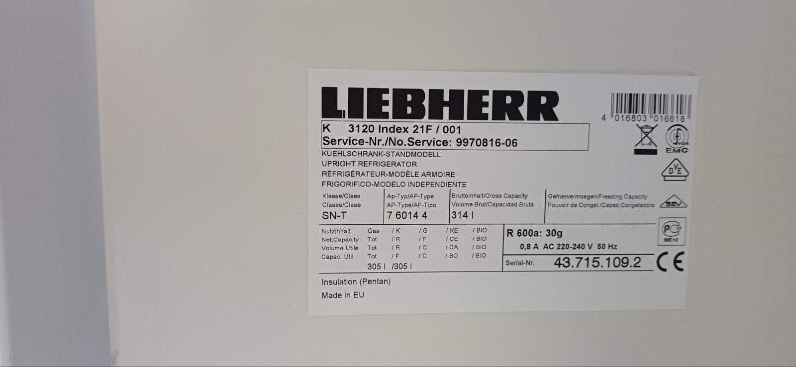 ≥ Liebherr Koelkast K 3120 Index 21F / 001 - 314L — Koelkasten en ...
