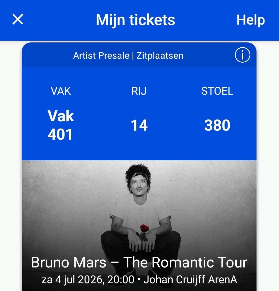 ≥ 3 x zitsplaats Bruno Mars concertkaarten (VAK 401, RIJ 14 ...