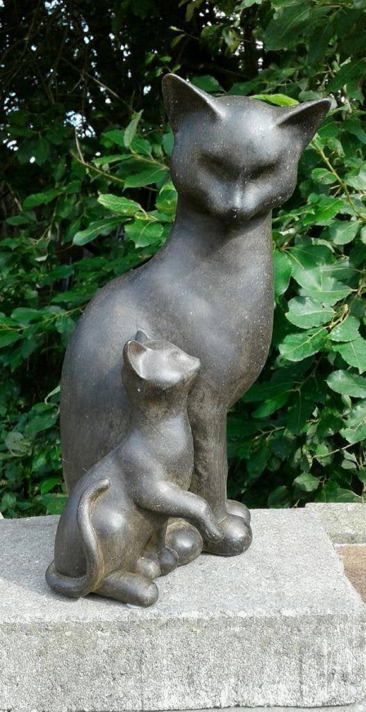 ≥ Mooi beeld, tuinbeeld Kat, Poes, Moederpoes met jong, zwart ...