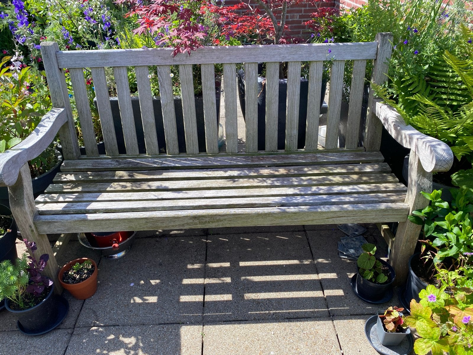 ≥ Teak houten bank - 150 cm lang, in prima staat — Tuinbanken — Marktplaats