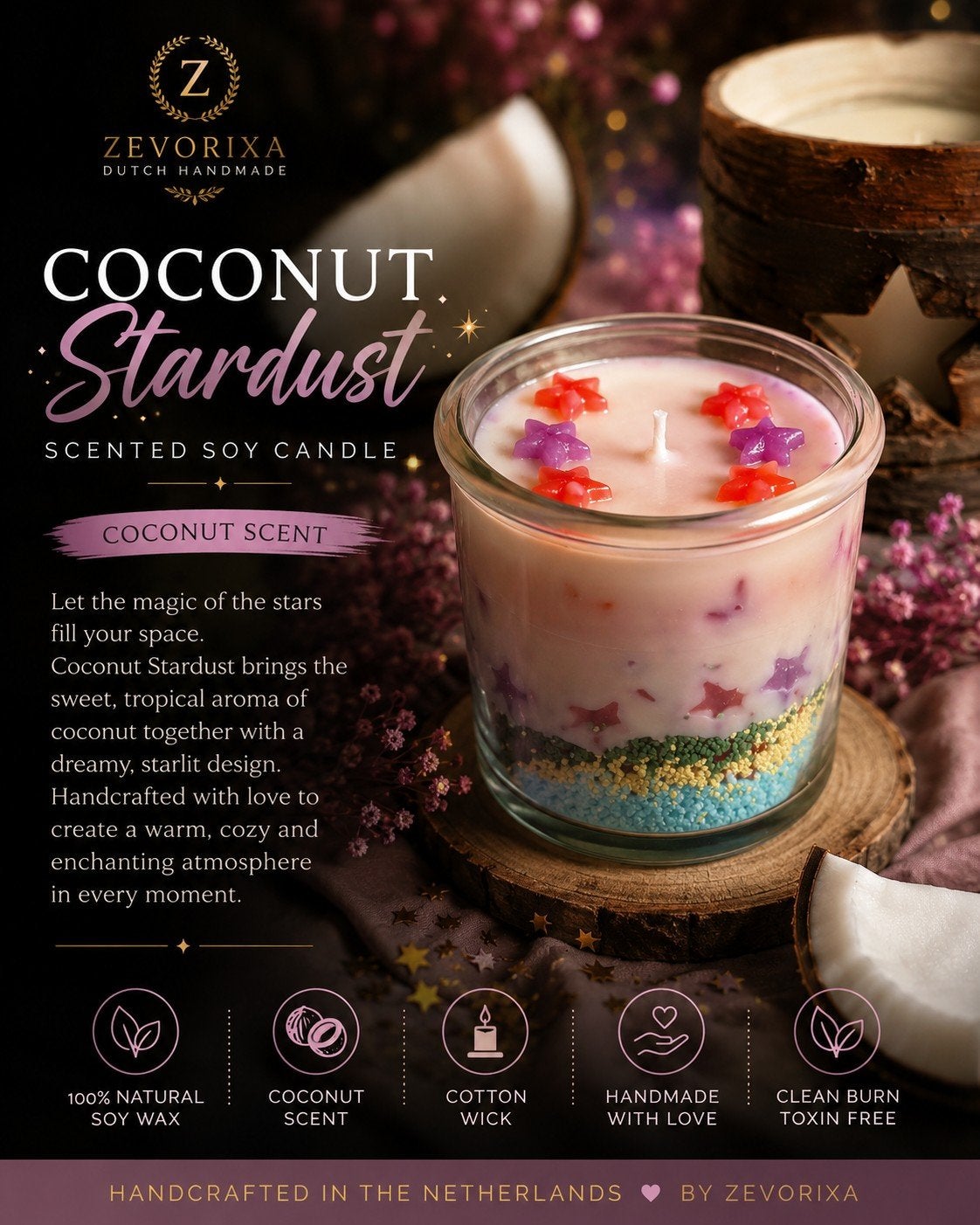 ≥ Handgemaakte Geurkaars "Coconut Stardust" met Houten Houder ...