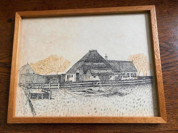 ≥ Boerderij Harkebuurt Oosterend Texel ingekleurde pentekening — Kunst ...